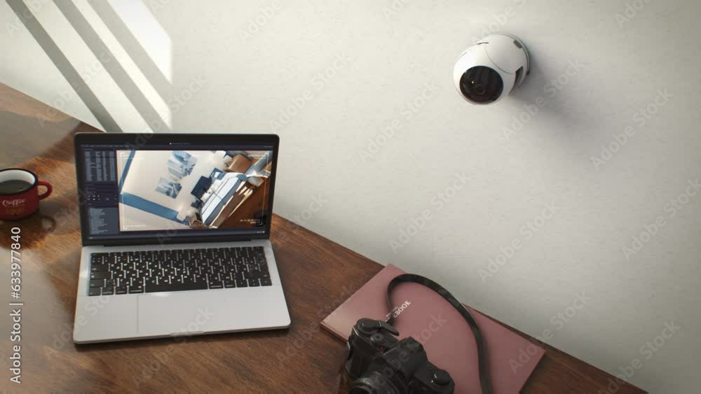 Modern security camera installed on the wall, online connected to ...