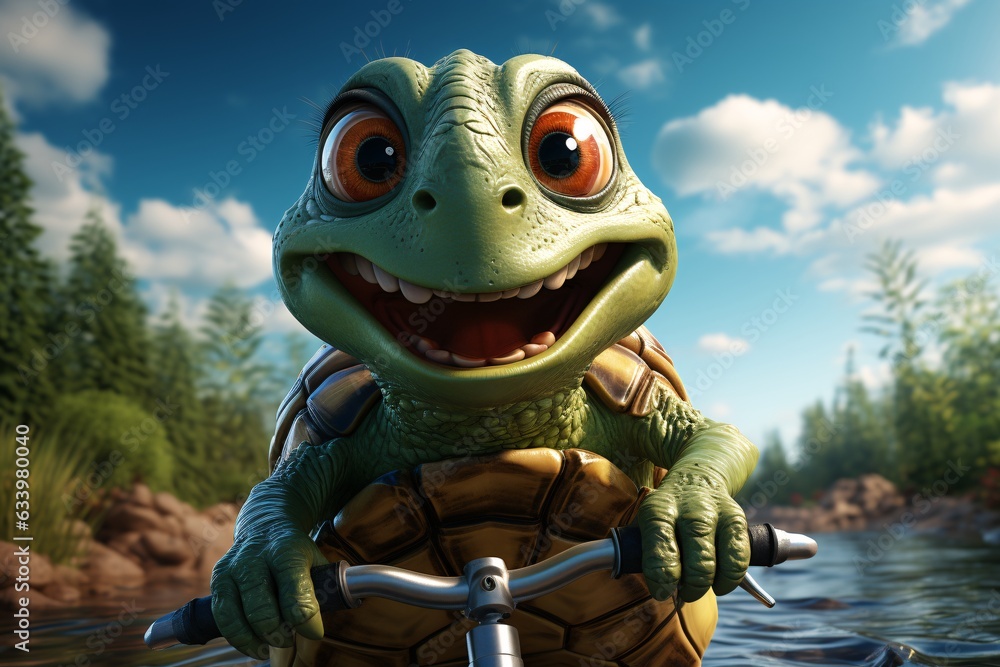 Turtle cyclist. A cheerful little turtle rides a bicycle. 3D rendering ...