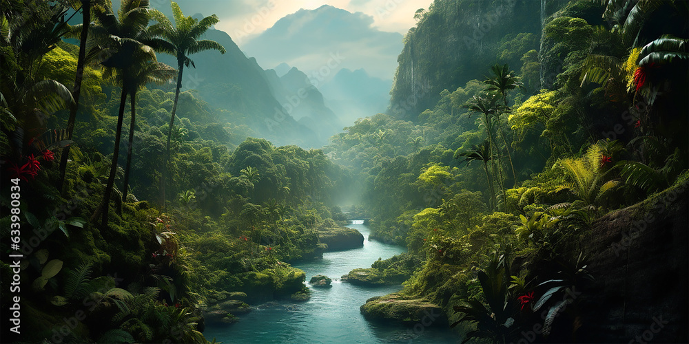 Panorama of dense jungle, wild forest with palm trees and tropical ...
