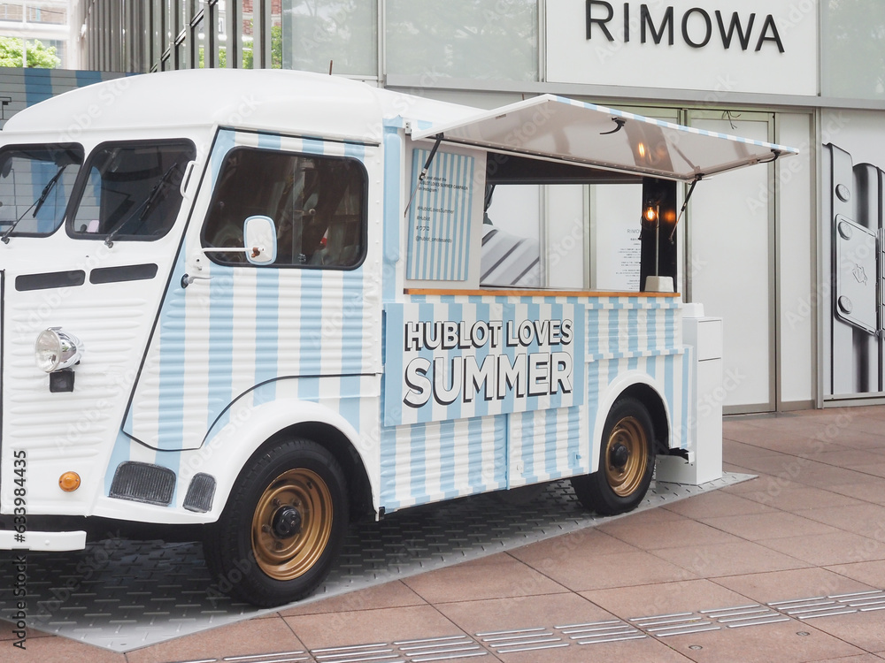 TOKYO, JAPAN - August 11, 2023: An ice cream van which is parked ...