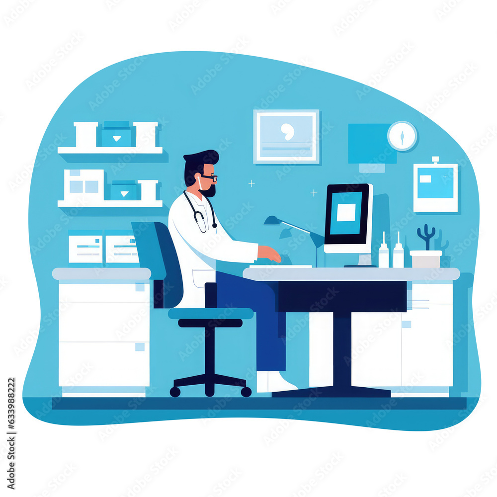 doctor's office with a desk working with a computer and medicine ...