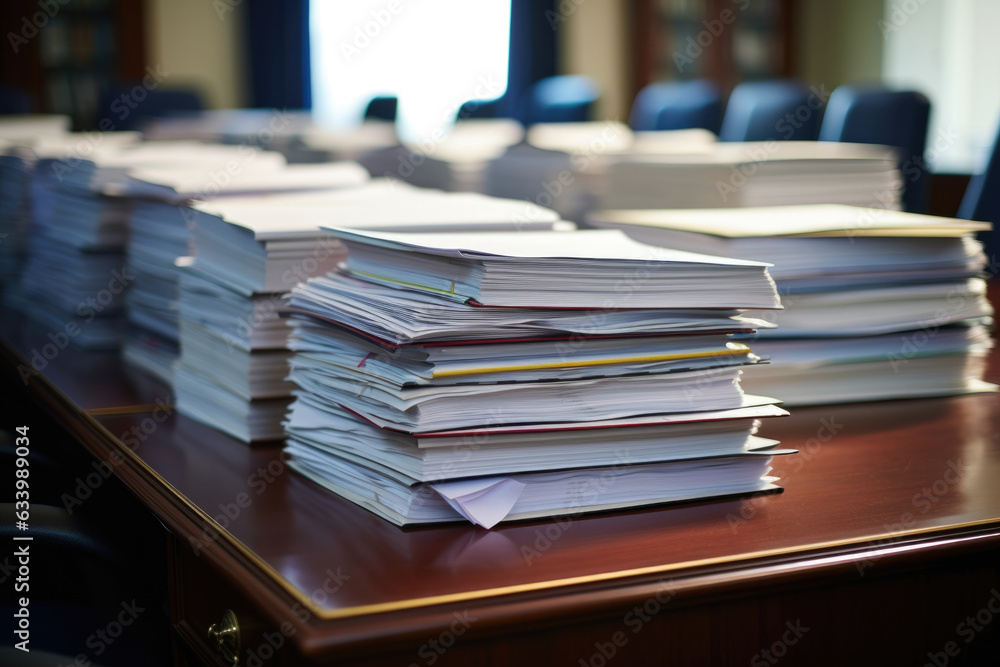 Thick folders of evidence are stacked neatly on a desk awaiting a ...