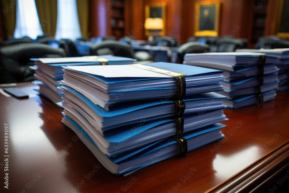 Thick folders of evidence are stacked neatly on a desk awaiting a ...