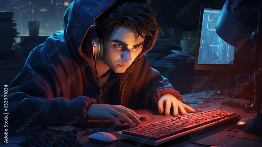 A gamer fully focused, hands on the keyboard, and eyes locked on the ...