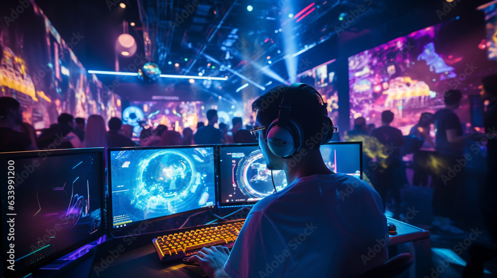 The computer screen projecting a vibrant esports tournament, with the ...
