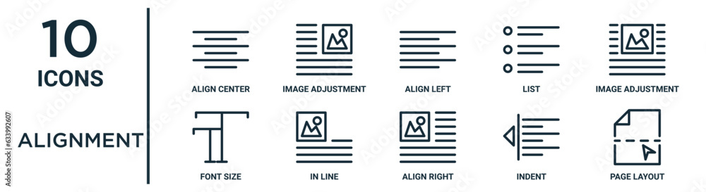 Vetor de alignment outline icon set such as thin line align center, align left, image adjustment ...