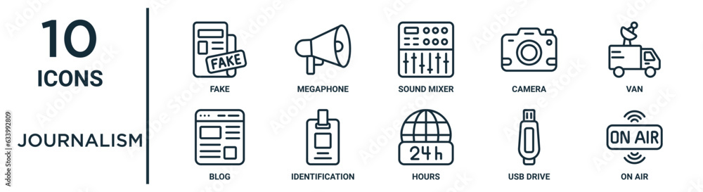 journalism outline icon set such as thin line fake, sound mixer, van ...
