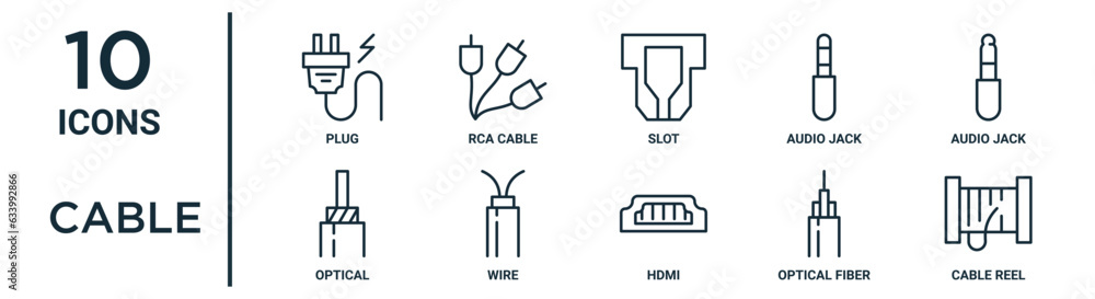 cable outline icon set such as thin line plug, slot, audio jack, wire ...