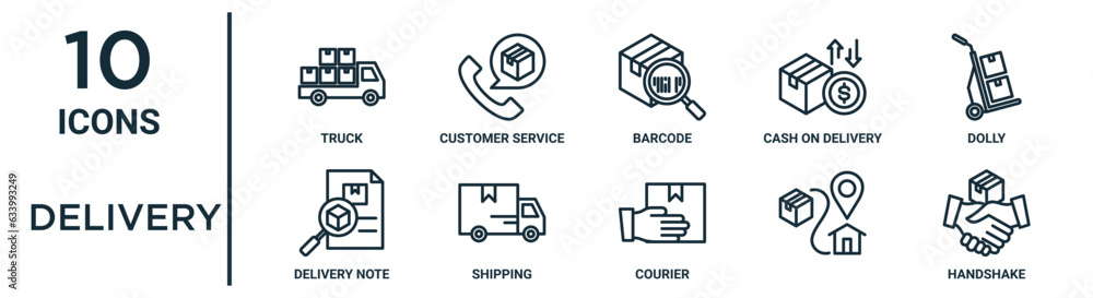 Vetor de delivery outline icon set such as thin line truck, barcode ...