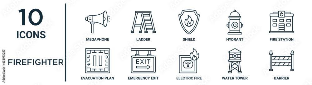 firefighter outline icon set such as thin line megaphone, shield, fire ...