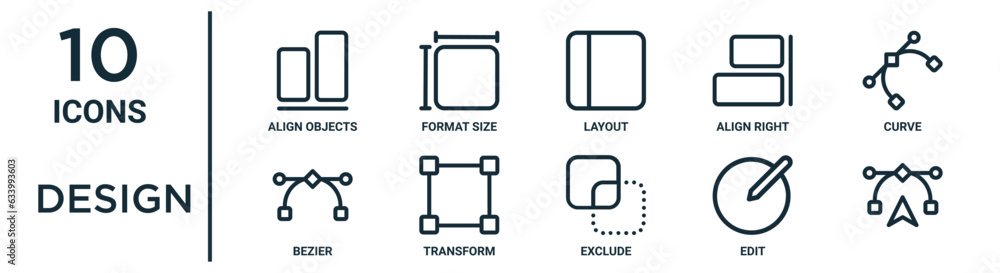 Vetor de design outline icon set such as thin line align objects, layout, curve, transform, edit ...
