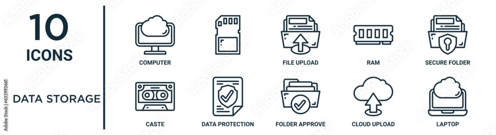 data storage outline icon set such as thin line computer, file upload, secure folder, data ...