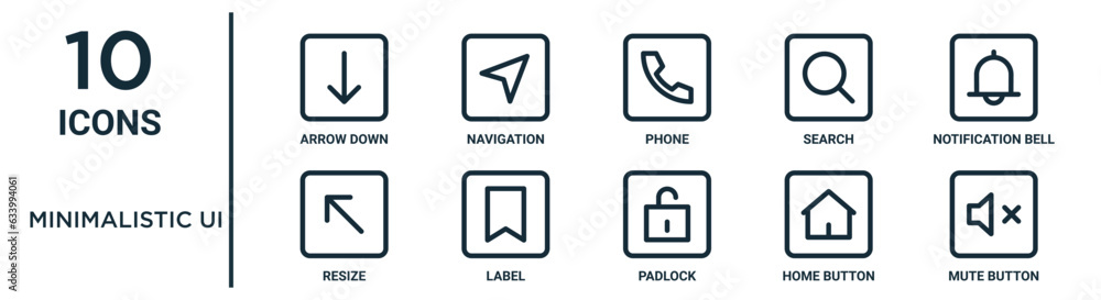 minimalistic ui outline icon set such as thin line arrow down, phone, notification bell, label ...