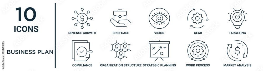 business plan outline icon set such as thin line revenue growth, vision ...
