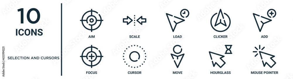 selection and cursors outline icon set such as thin line aim, load, add ...