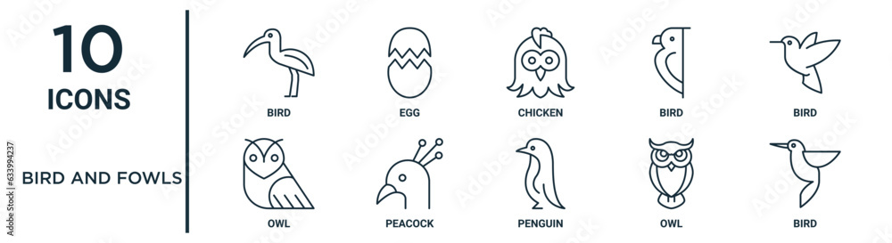 bird and fowls outline icon set such as thin line bird, chicken, bird ...