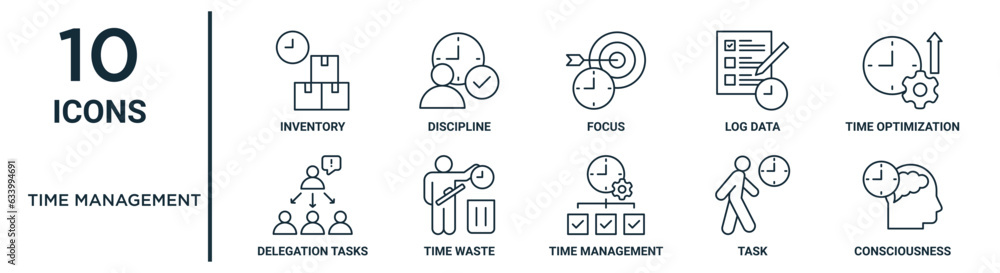time management outline icon set such as thin line inventory, focus ...