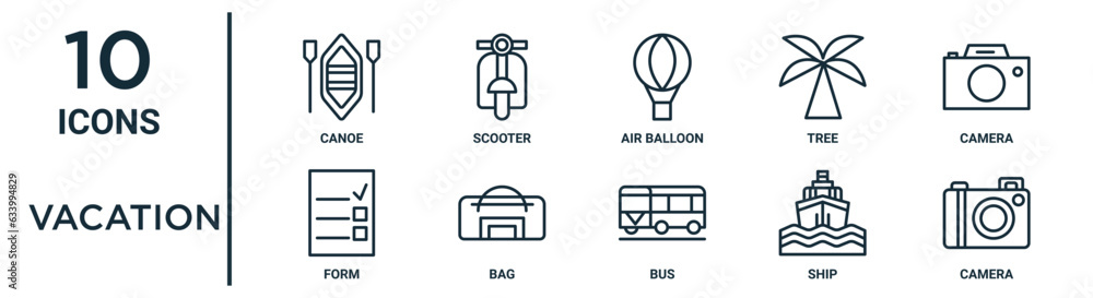 vacation outline icon set such as thin line canoe, air balloon, camera ...