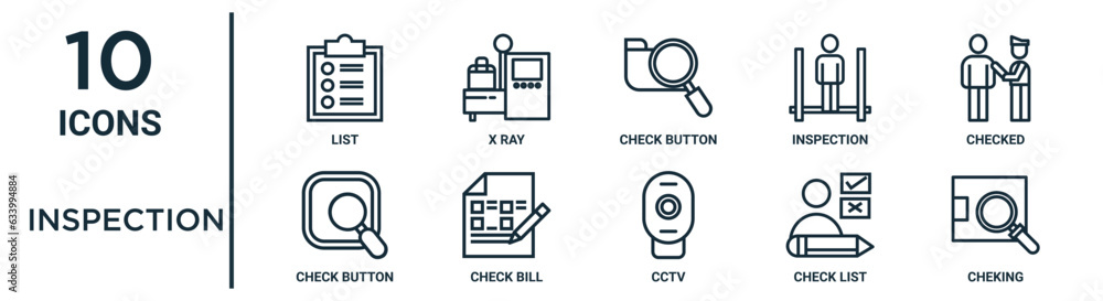 Vetor de inspection outline icon set such as thin line list, check button, checked, check bill ...