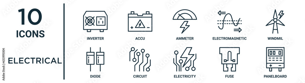 electrical outline icon set such as thin line inverter, ammeter ...