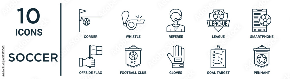 Vetor de soccer outline icon set such as thin line corner, referee ...