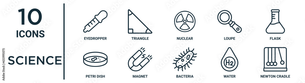 science outline icon set such as thin line eyedropper, nuclear, flask ...