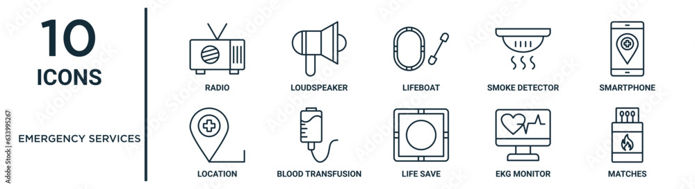 emergency services outline icon set such as thin line radio, lifeboat ...