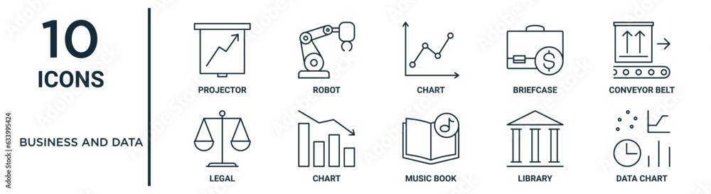 business and data outline icon set such as thin line projector, chart ...