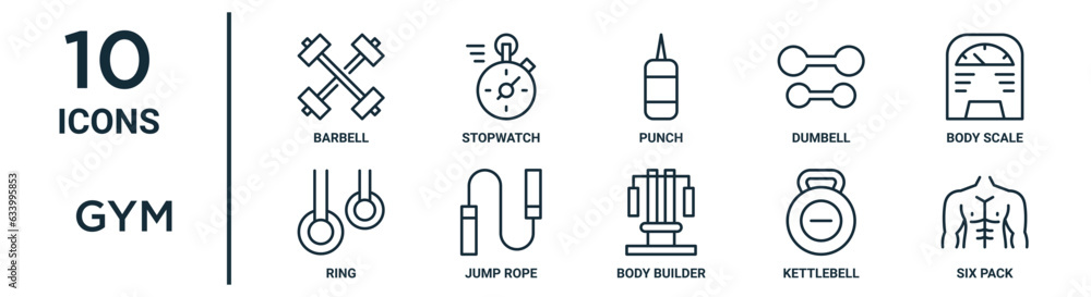 gym outline icon set such as thin line barbell, punch, body scale, jump ...