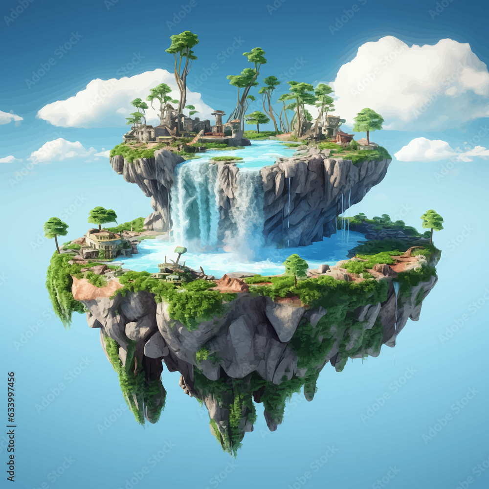 Fantasy island floating in the blue sky. City in the clouds. Temple on ...