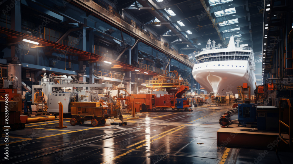 photograph of Assembly shop, shipyard for the assembly of cruise liners ...