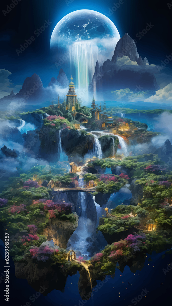 Fantasy island floating in the blue sky. City in the clouds. Temple on ...