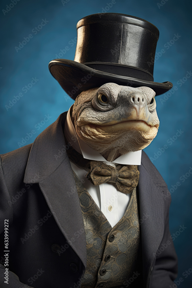 Portrait of lizard in classic formal suit with top hat and bow tie. AI ...