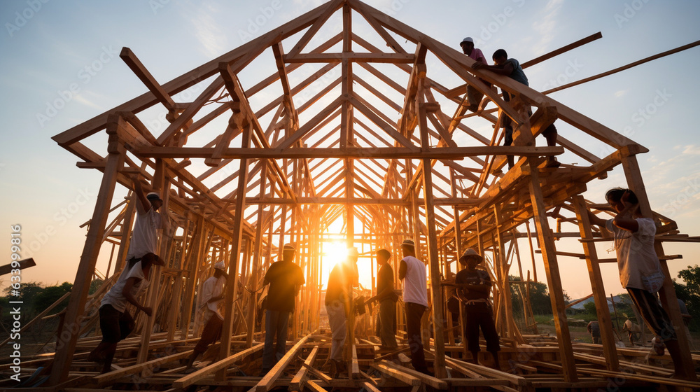 Builders assembling the wooden framework of the house, creating the ...