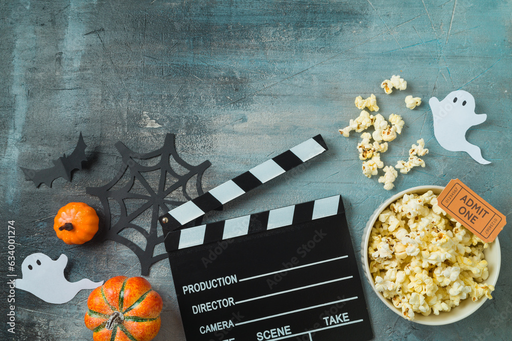 Horror movie night and Halloween party concept with popcorn, pumpkin ...