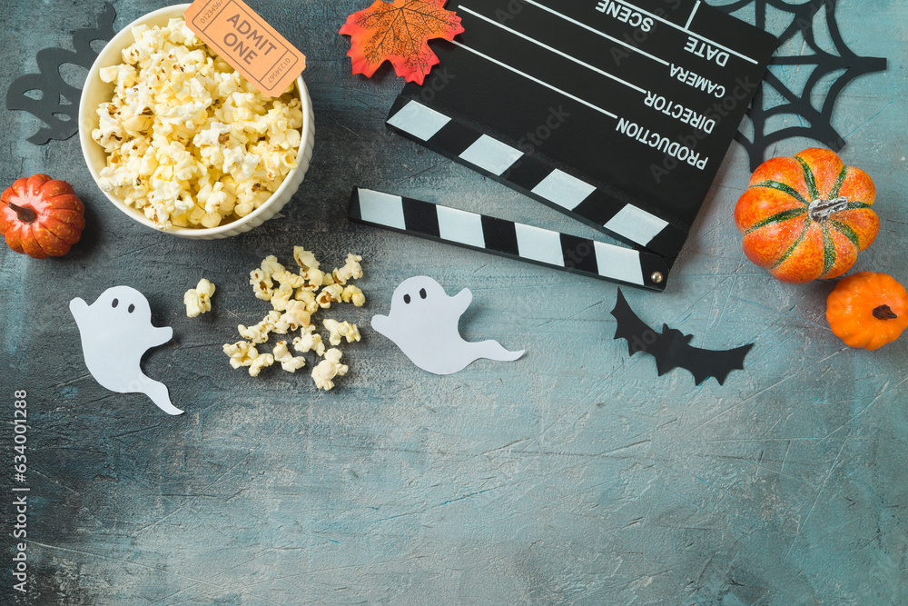Horror movie night and Halloween party concept with popcorn, pumpkin ...