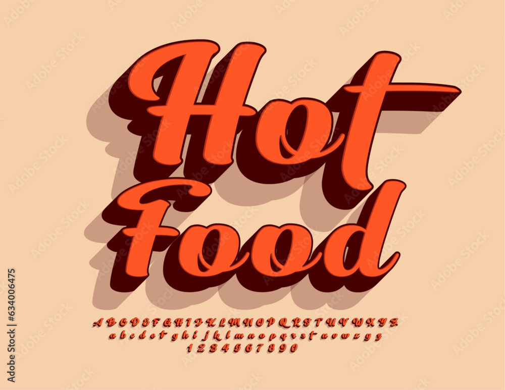 Vector marketing sign Hot Food. Bright Cursive Font. Red 3D Alphabet ...