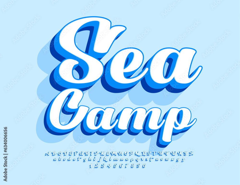Vector artistic Emblem Sea Camp. Beautiful Cursive Font. Modern 3D ...