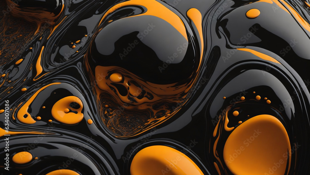 liquid acid texture bubble fluid black and orange color, glossy oil ...
