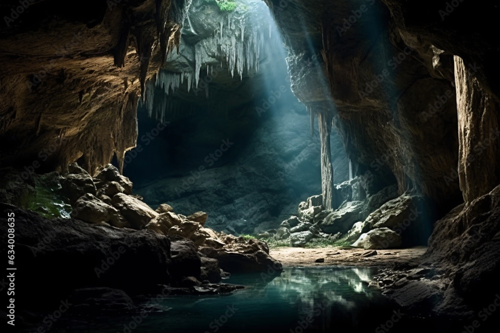 Mystical caves with stalactites underground. Inside of a cave with ...