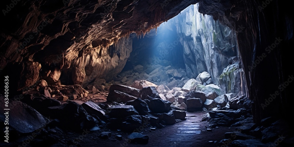 Mystical caves with stalactites underground. Inside of a cave with ...