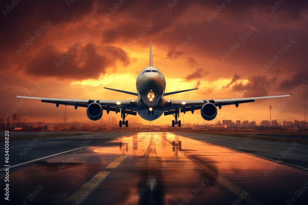 A large jetliner taking off from an airport runway at sunset or dawn ...