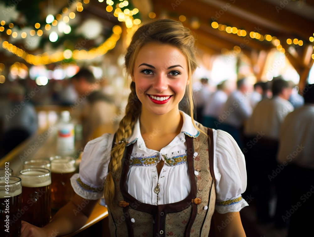 Oktoberfest waitress, wearing a traditional Bavarian dress, serving ...