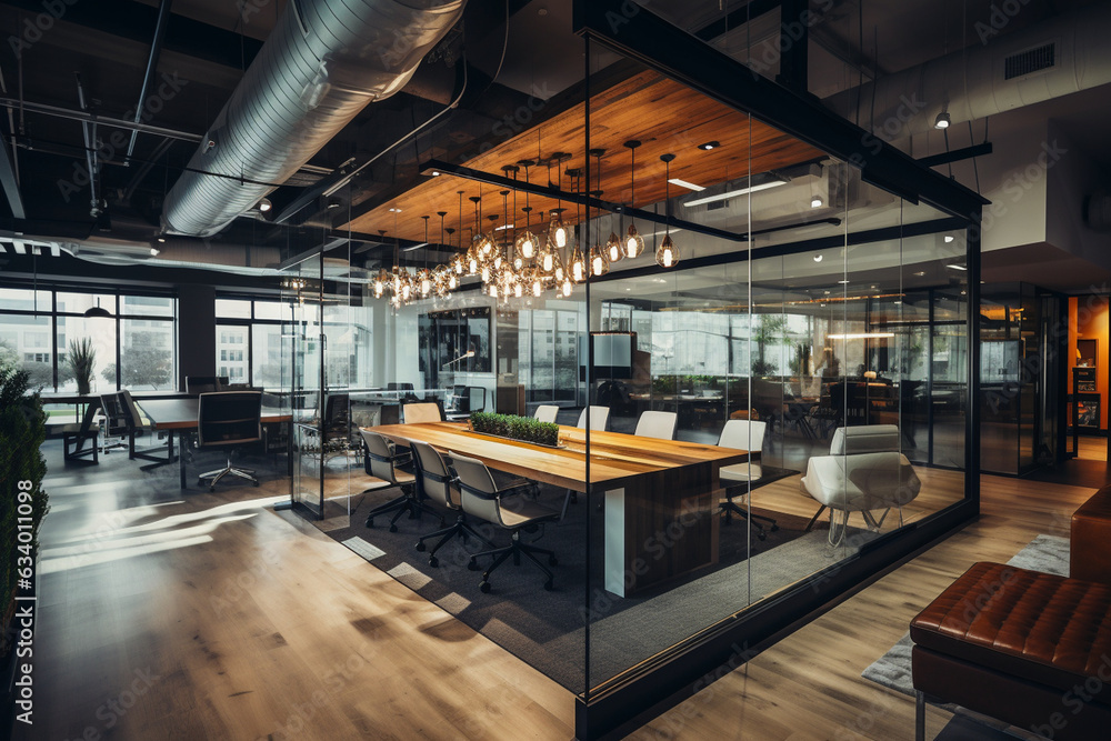 Design a modern startup office with open-concept workspaces, featuring ...