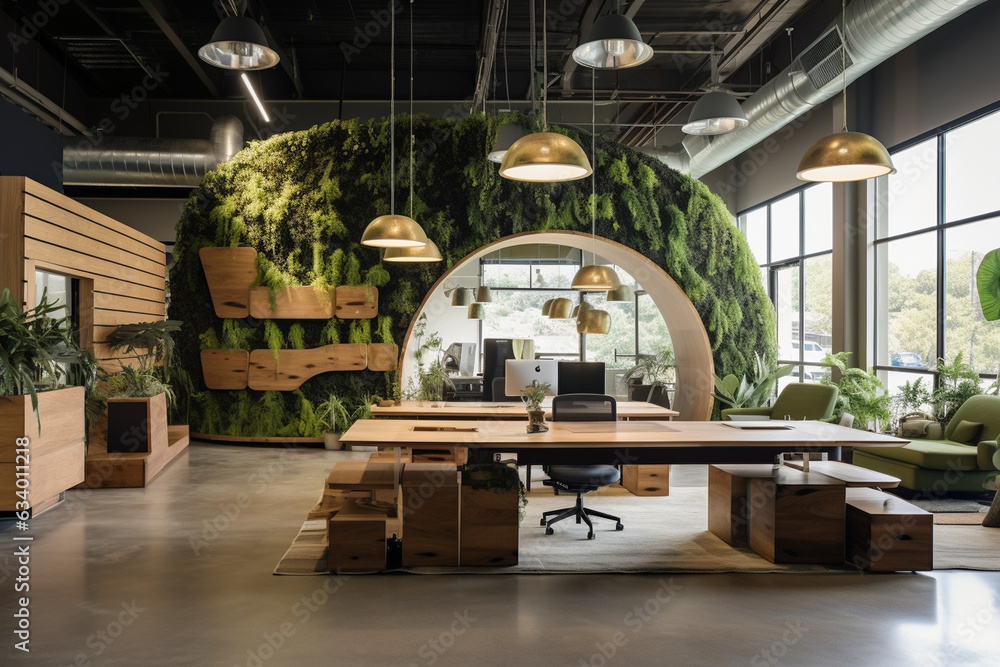 Create a hybrid startup office combining modern design with nature ...