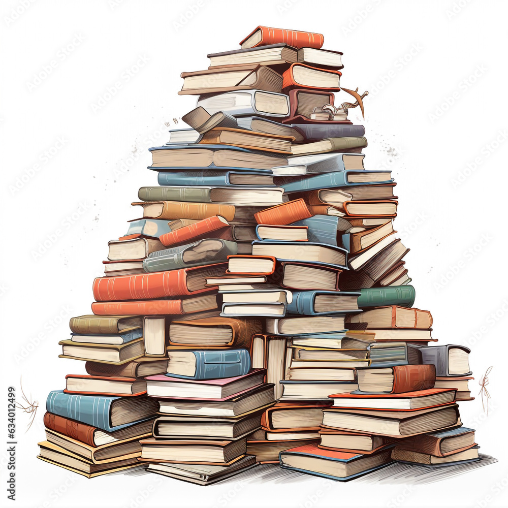clipart on a sold white background of several large stacks of books done in a fun illustrated ...