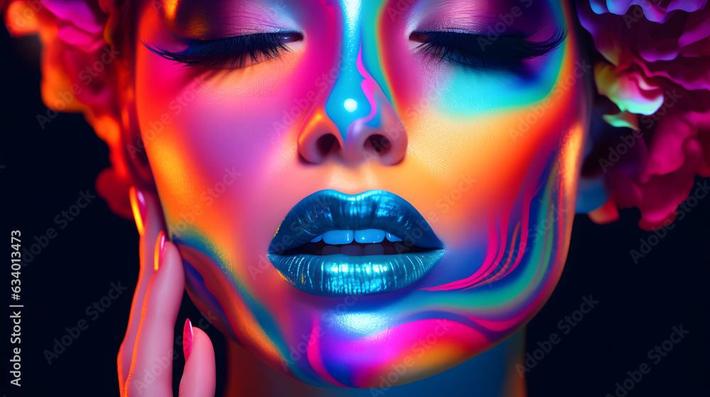 Fashion model woman face with fantasy art make-up. Bold makeup, glance ...
