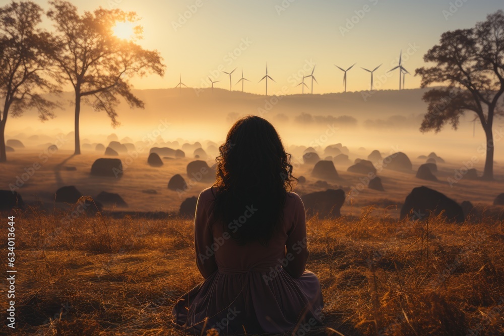 Sculpting the Future: Backlit Figure Amid Turbines, Capturing the Path ...