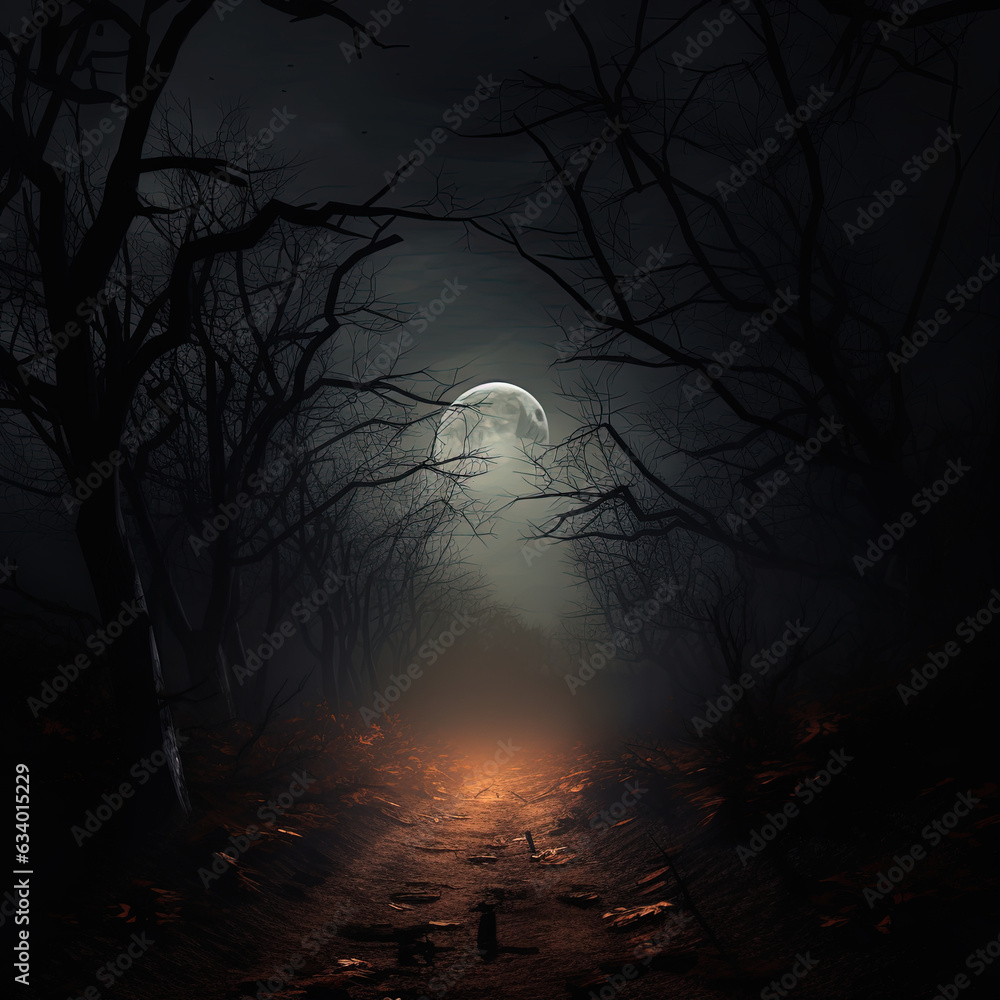 Moonlit forest, twisted trees cast eerie shadows and mystical creatures ...