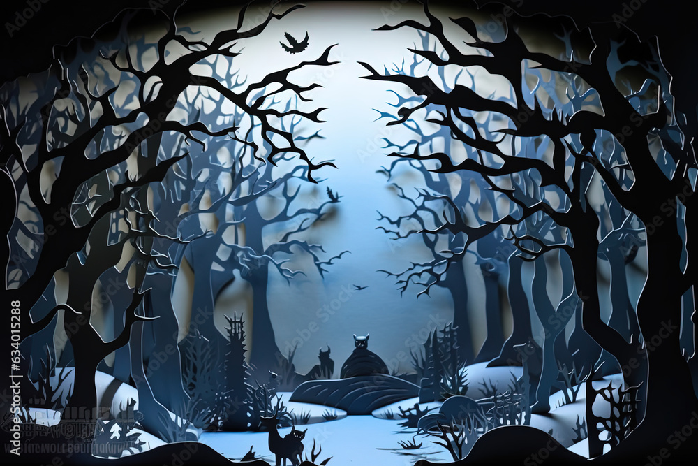 Moonlit forest, twisted trees cast eerie shadows and mystical creatures ...